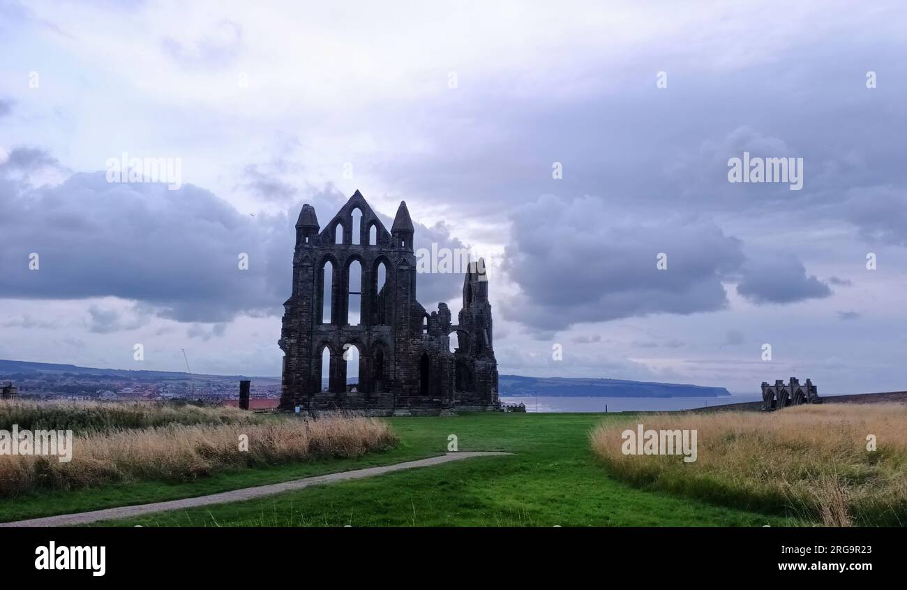 The silhouette of Whitby Abbey under grey skies in Whitby, North ...