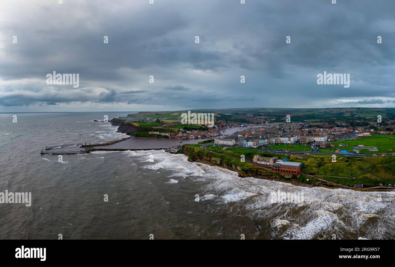 An aerial view of the coastal town of Whitby in North Yorkshire, UK ...