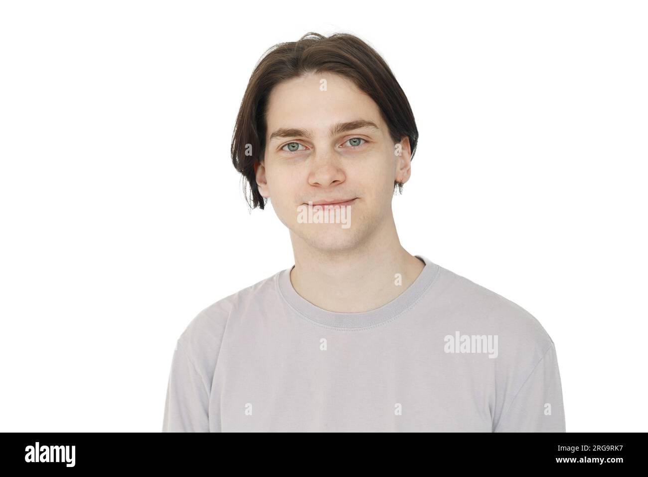 Cute smiling man with brown hair isolated on white background Stock ...