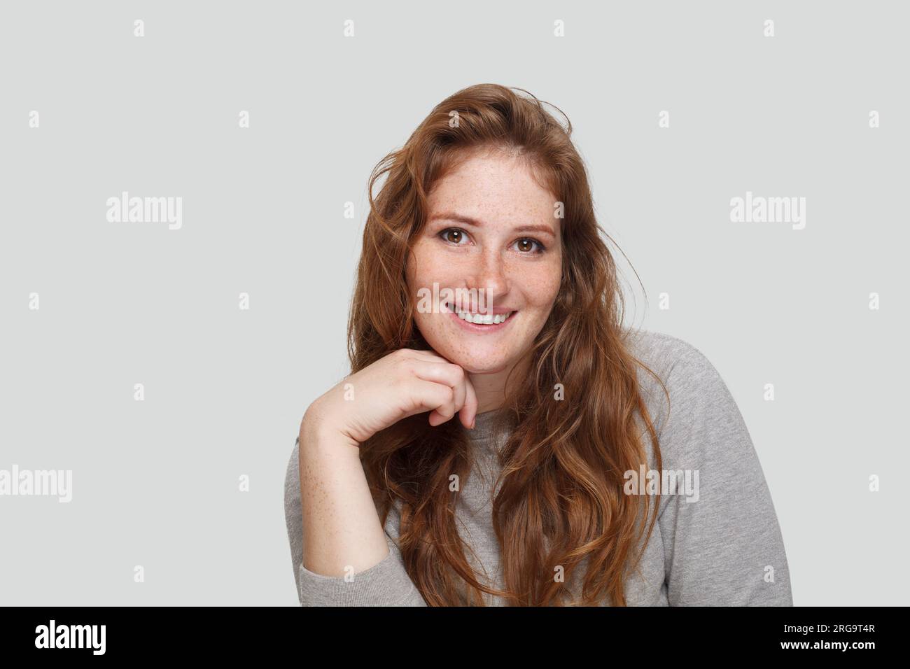 Portrait of healthy woman smiling on white background Stock Photo - Alamy