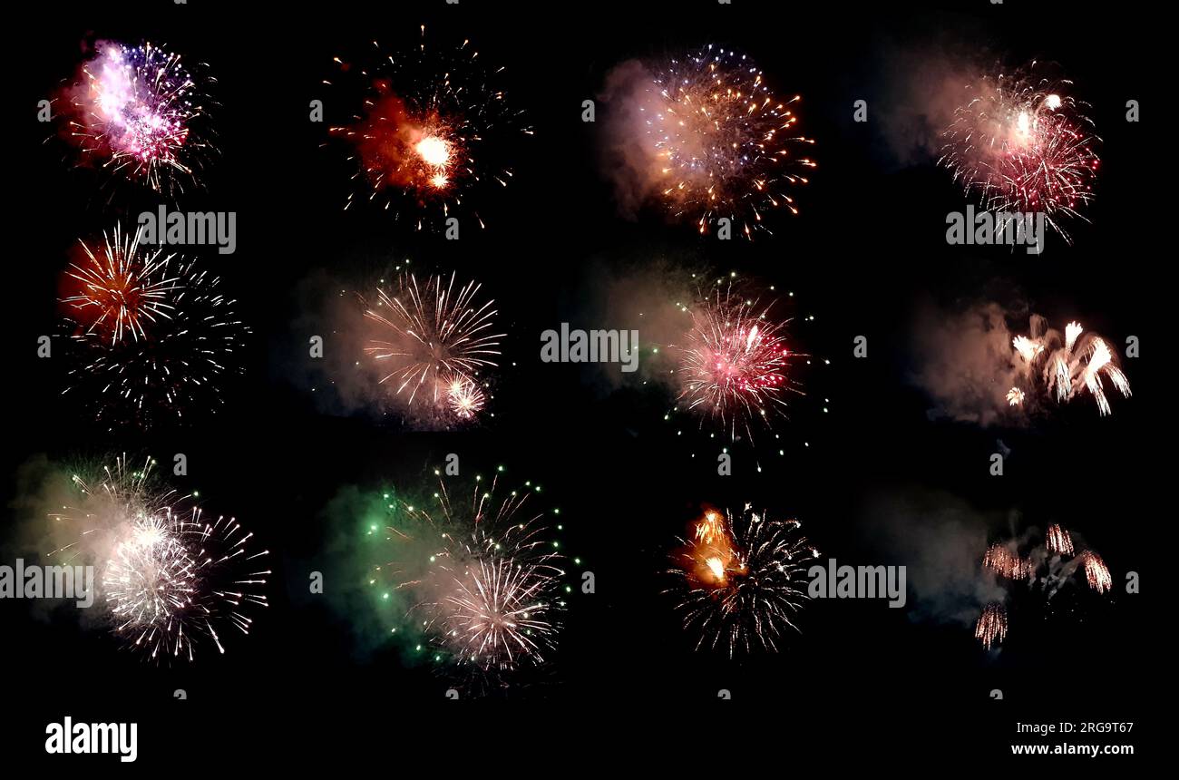 Firework. Colorful set of fireworks showing on dark sky at night time ...