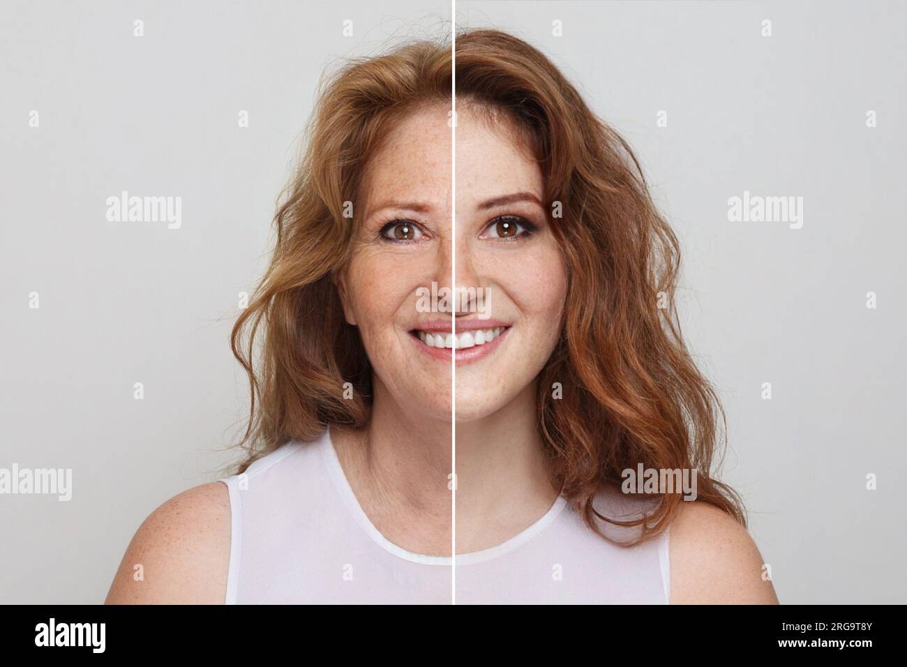 Young and old female beauty, studio portrait of redhead woman before ...