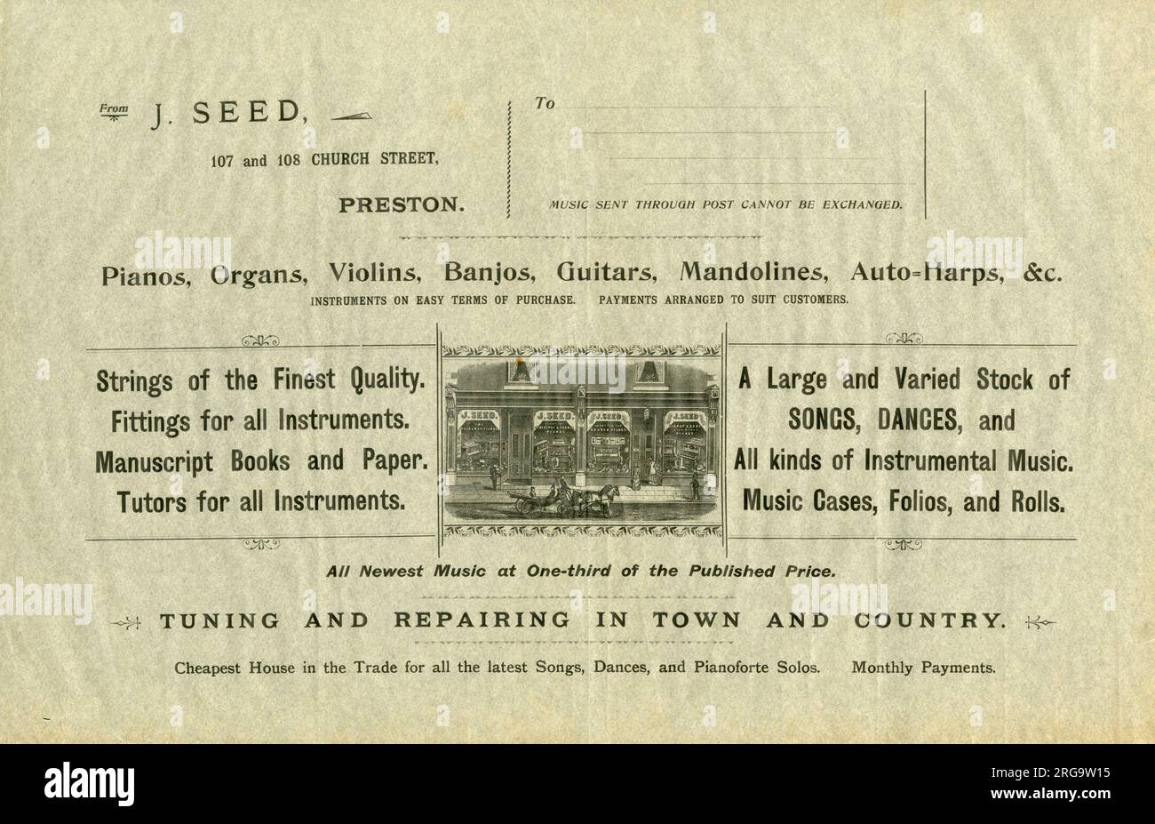 Advertising wrapping paper, J Seed Music shop, 107 and 108 Church Street, Preston, Lancashire ...