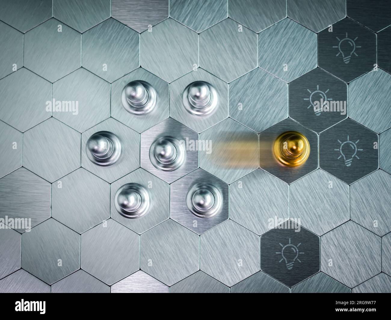 Golden pawn move out from the silver pawn chess pieces group on hexagon ...