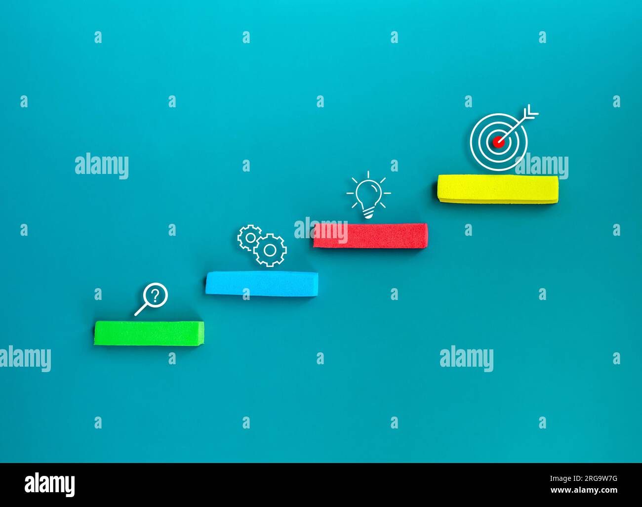 Business strategy icons on colorful stair blocks on the top block on ...