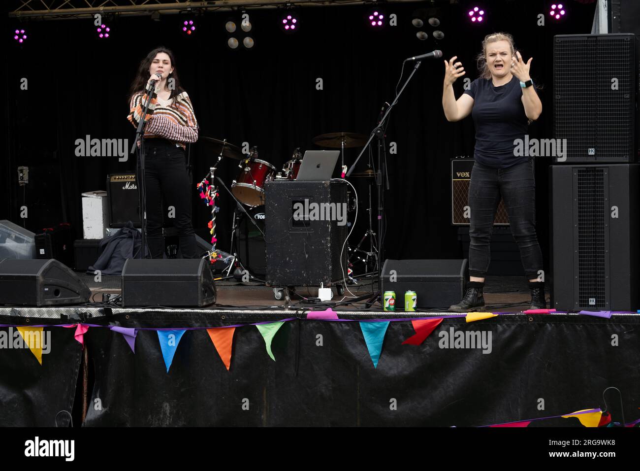 A woman signing for the deaf alongside a singer at Art in the Park ...