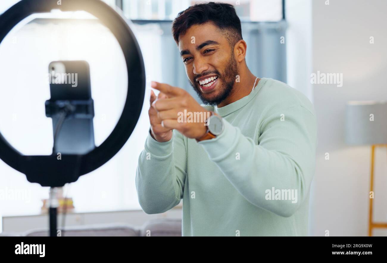 Live streaming, influencer and vlogger with man and video recording for ...