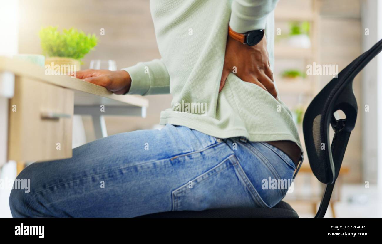 Man, back pain and body injury in home from poor posture, wound or ...