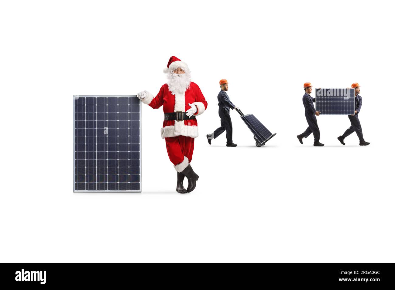 Santa claus leaning on a panel and factory workers carrying ...