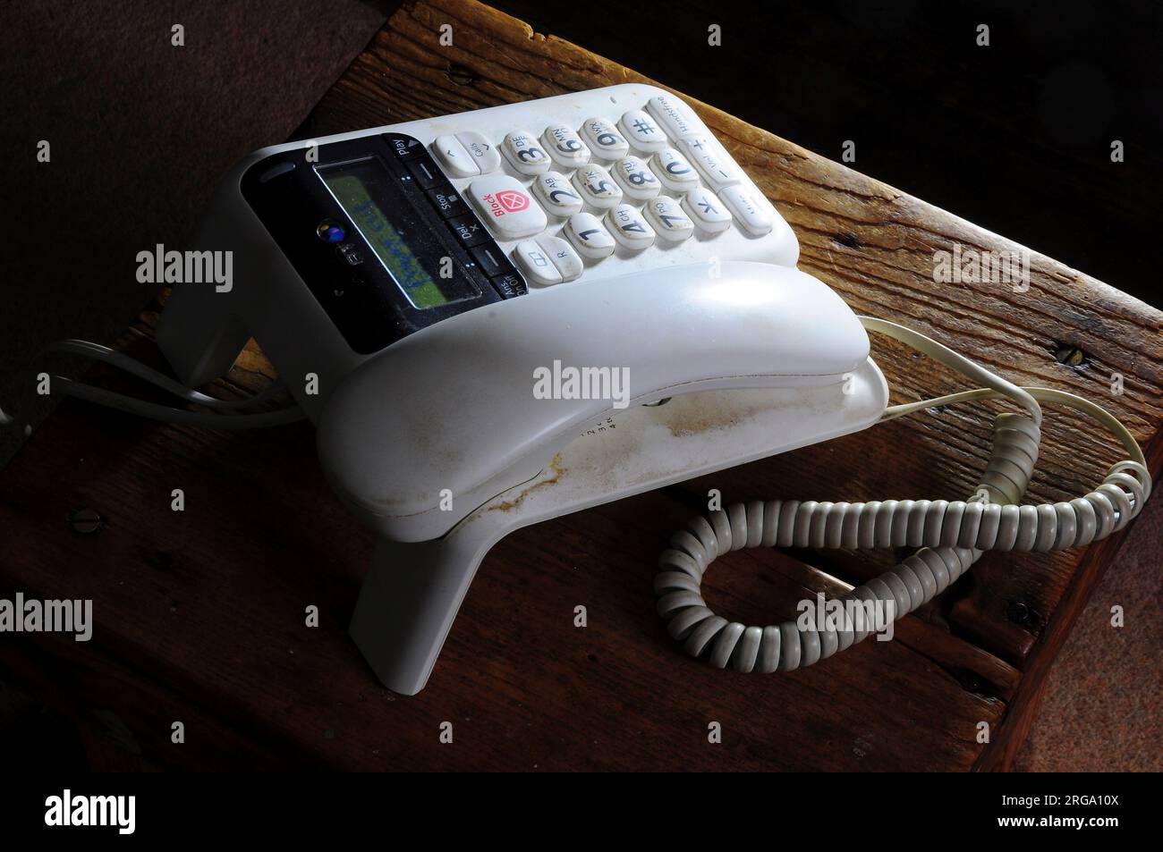 Old fashioned white corded telephone with large numbers Stock Photo - Alamy
