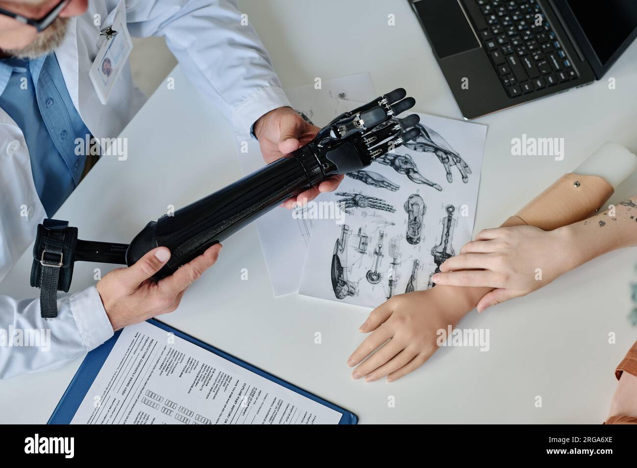 Top view background image of unrecognizable doctor demonstrating ...