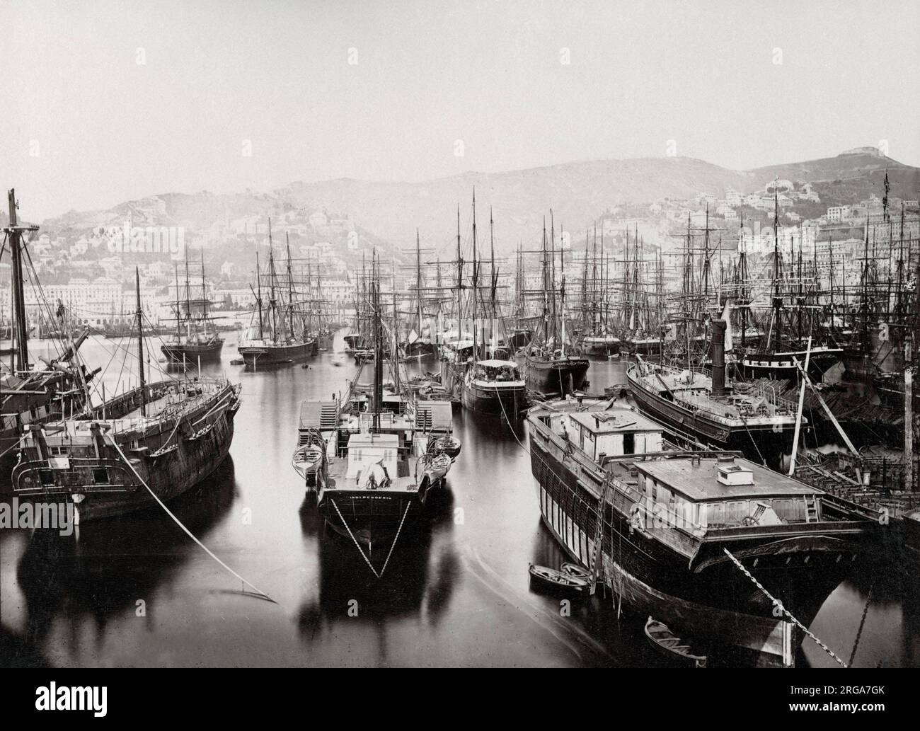 Vintage 19th century photograph: Ships in the port of Genoa Genova ...