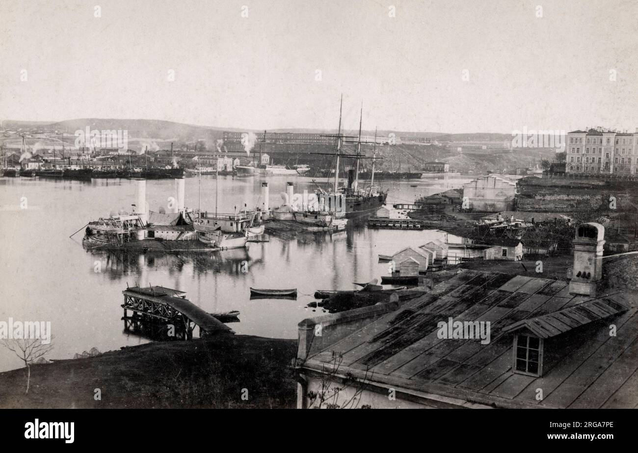 Vintage 19th century photograph: View of the harbour at Sebastopol ...
