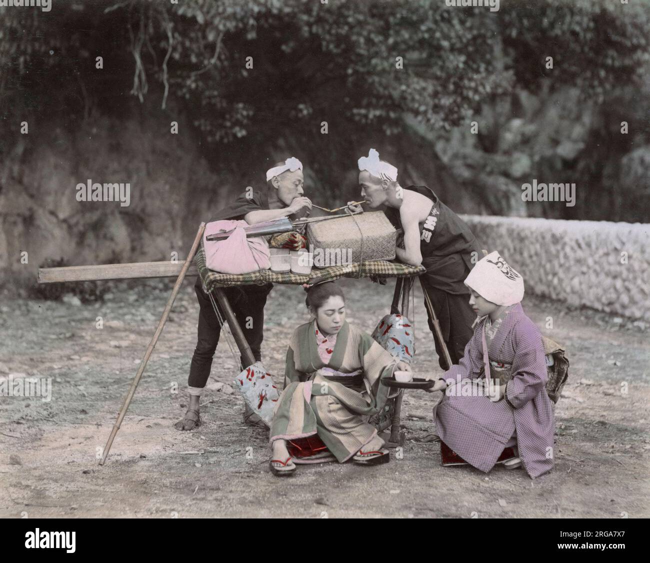 Young woman being carried in a kago, carrying chair, being served tea ...