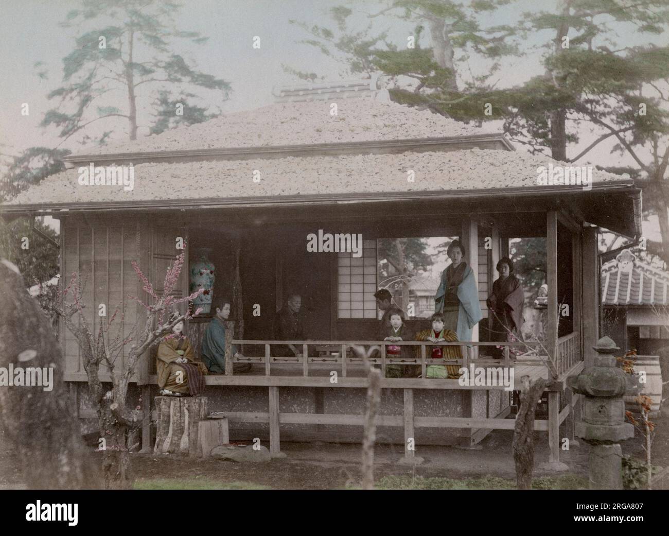 Geishas in a tea house, Ikegami near Omori, Japan. Vintage 19th century ...