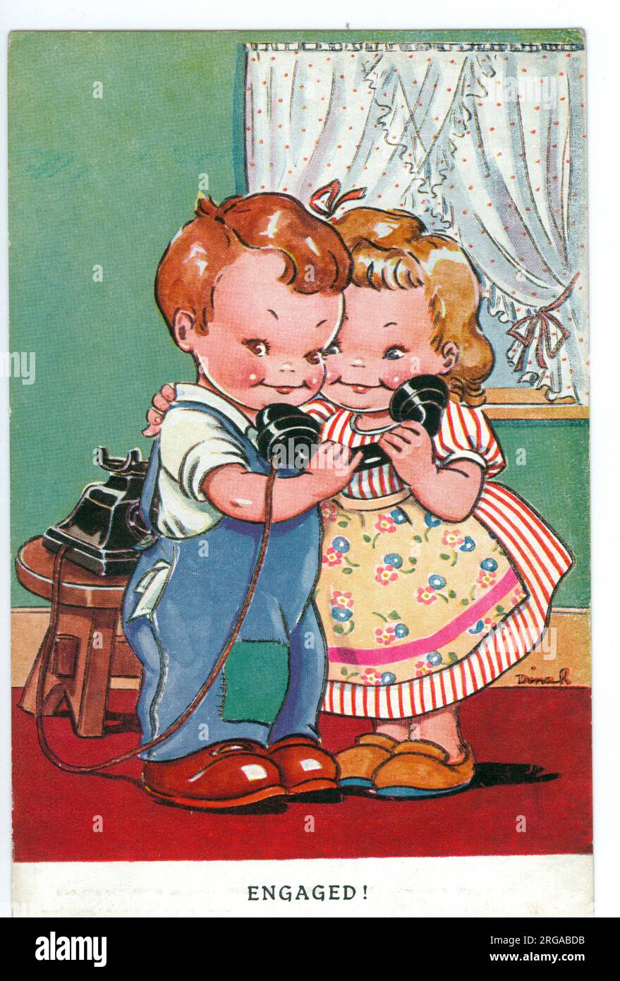 The caption is 'Engaged' Dinah,the artist, was very fond of word play ...