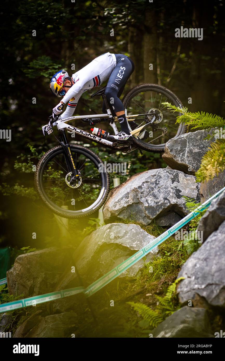 British cyclist Tom Pidcock trains on the track at the World Mountain ...