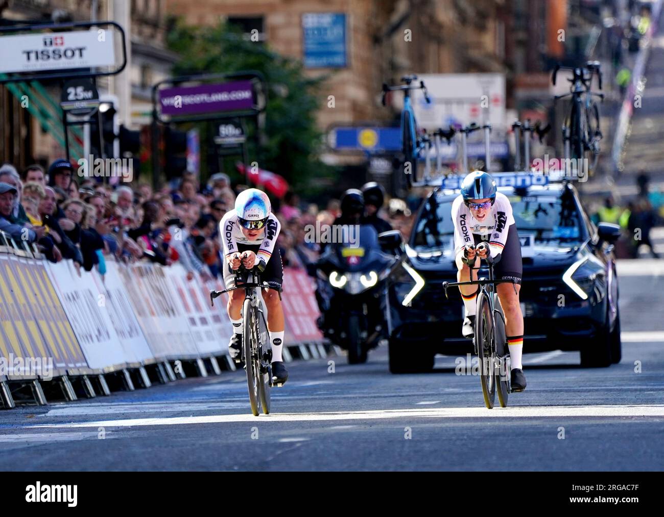 The Germany women's team crosses the finish line during the Team Time ...