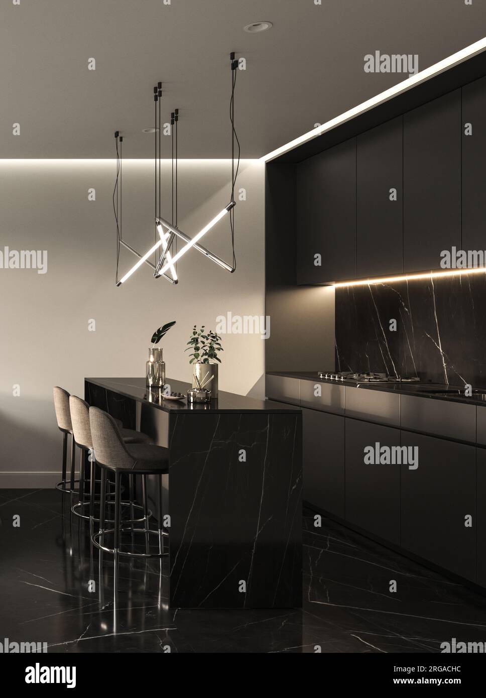 Modern luxury interior side view. Kitchen with bar chairs, kitchenware ...
