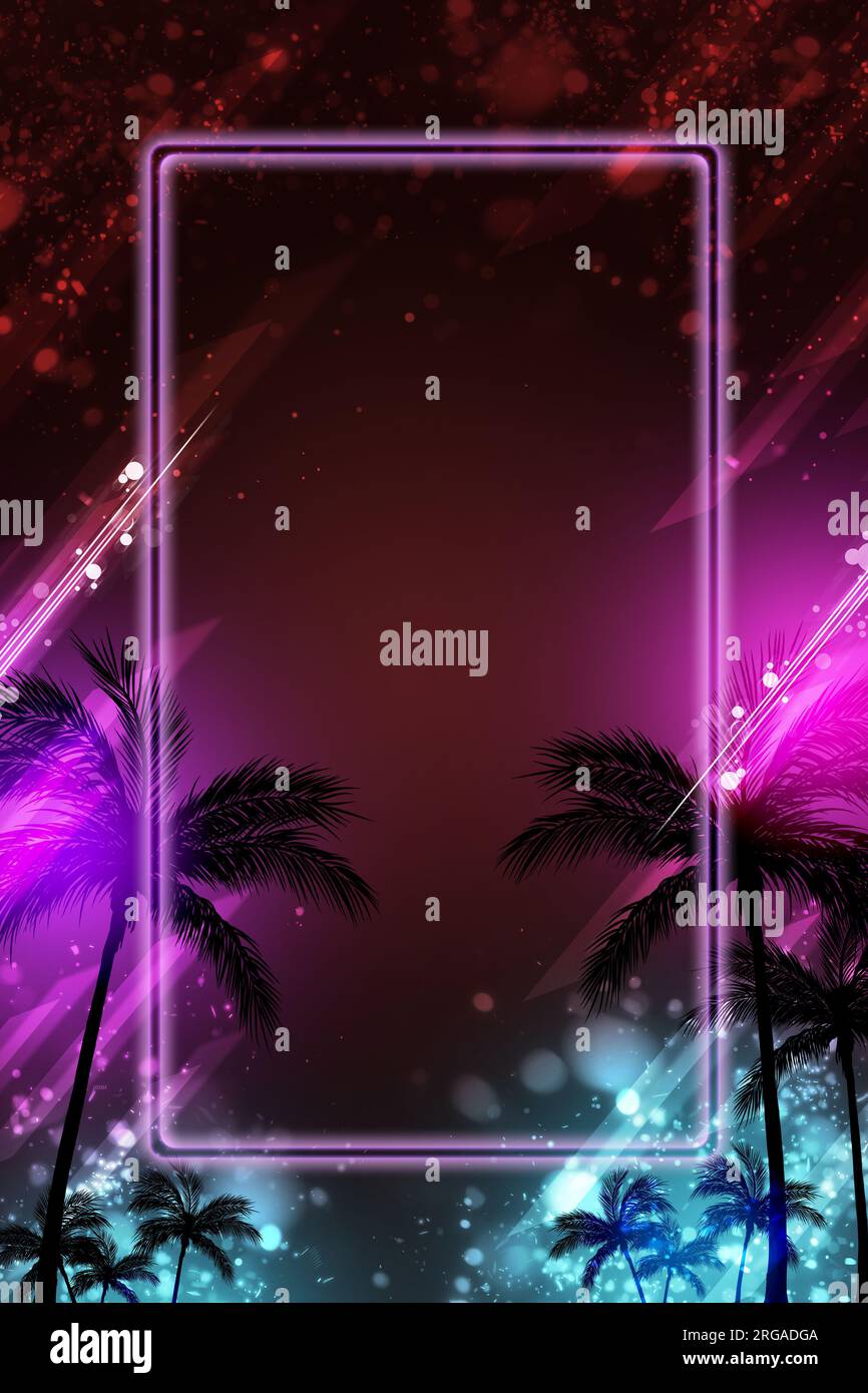 neon retro party. synthpop 80s beach palms music disco poster Stock ...