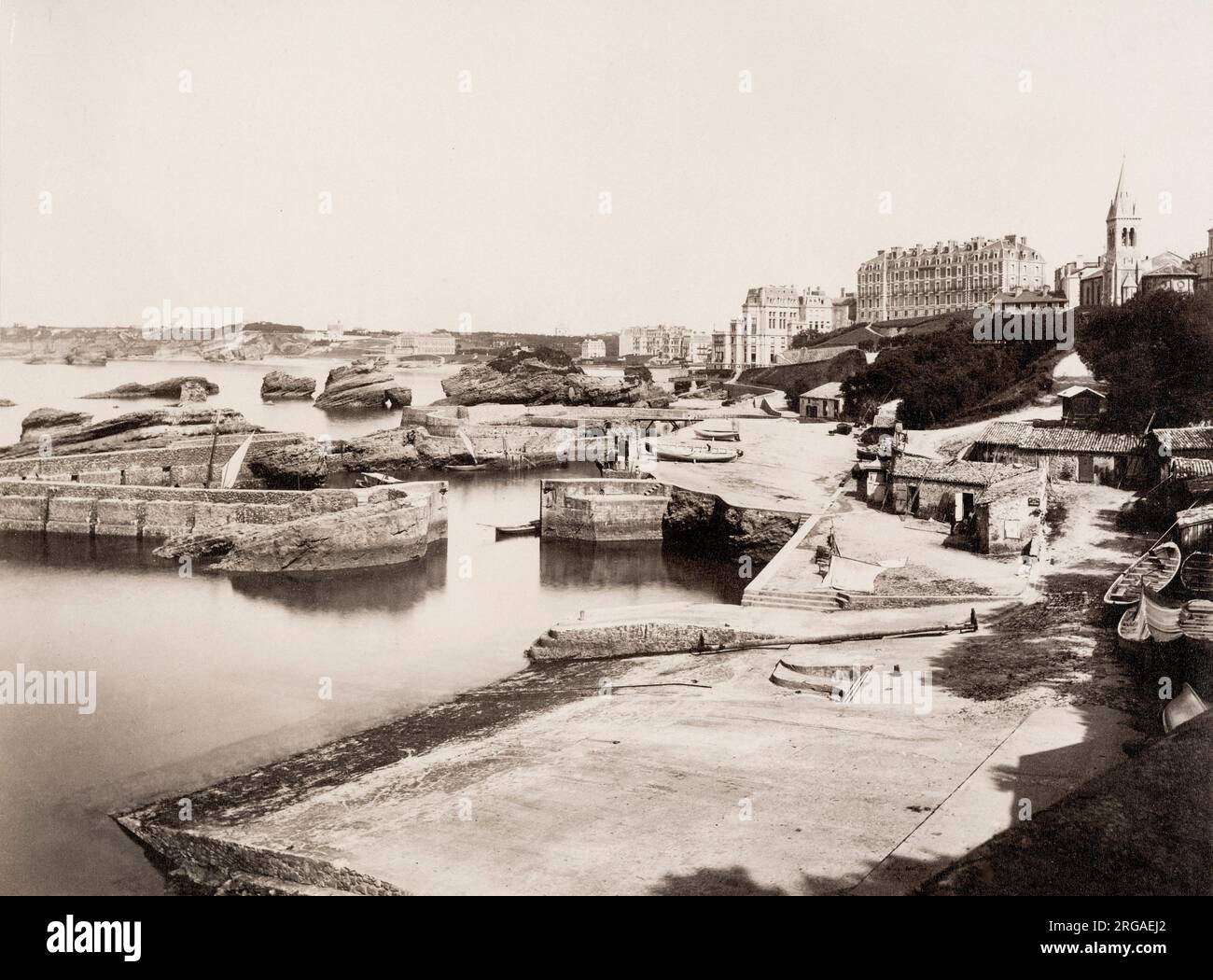 19th century vintage photograph: fishing harbour at Biarritz, France ...