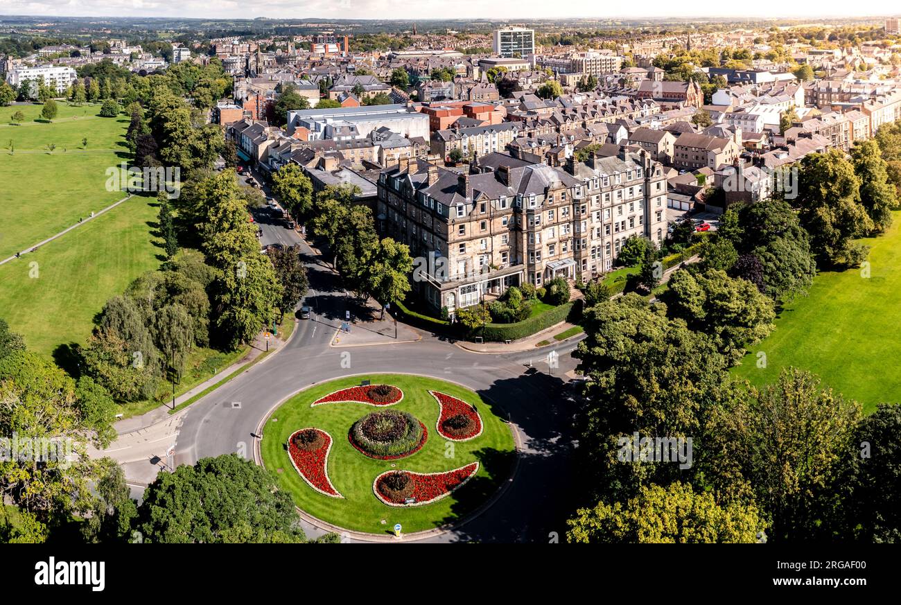 HARROGATE, UK - MARCH 18, 2023. An aerial cityscape of Harrogate town ...