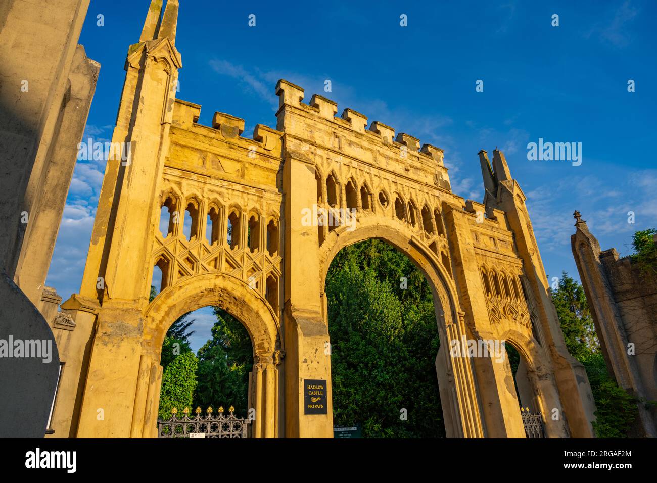 The gates to Hadlow Tower, or MayÕs Folly as it is also known, is a ...