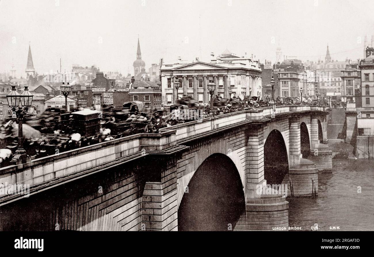 Vintage 19th century photograph: Lodon bridge crowded with traffic ...