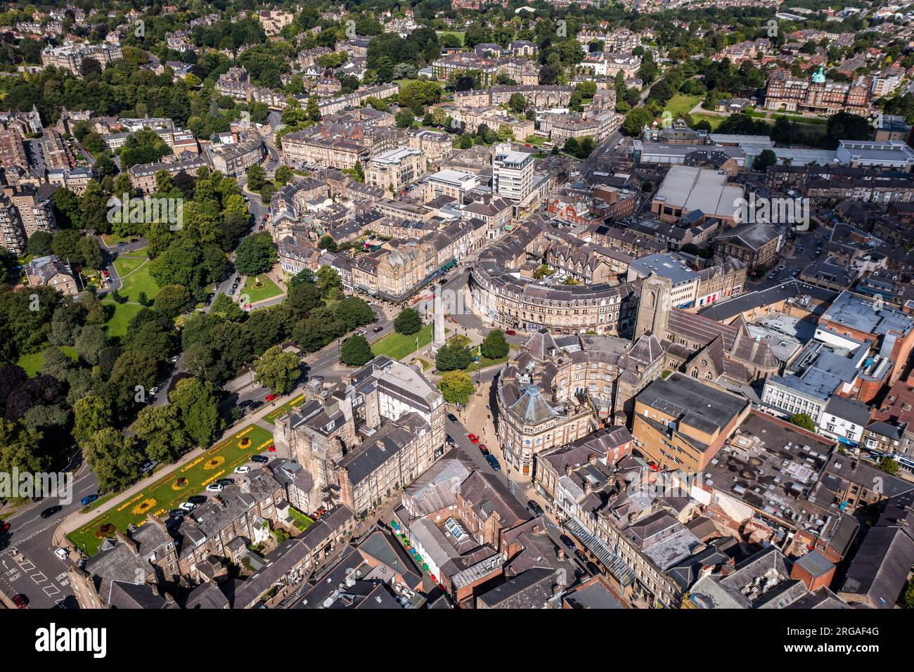An aerial cityscape of Harrogate town centre around Prospect Square and ...