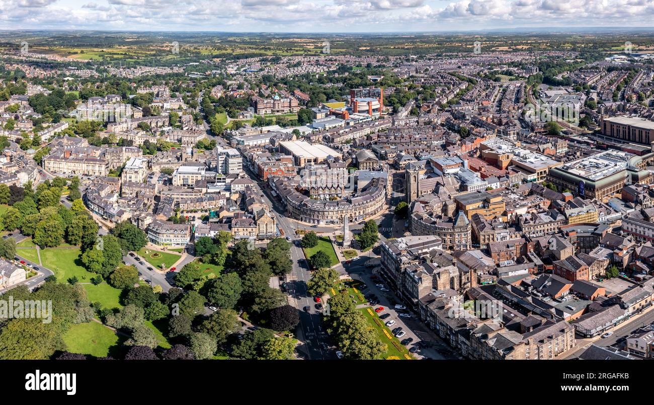 An aerial cityscape of Harrogate town centre with historic Victorian ...