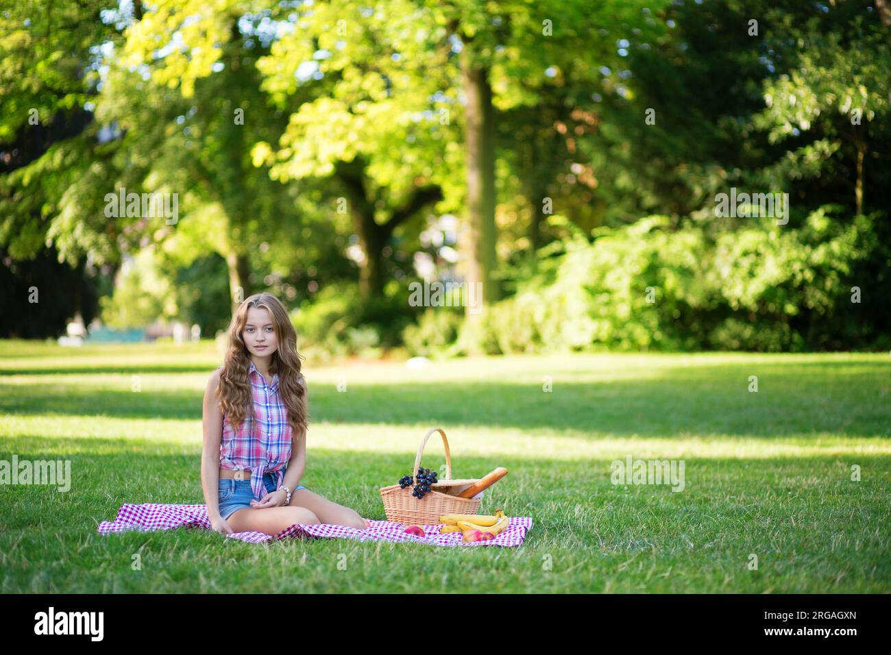 Girl having a picnic in park Stock Photo - Alamy