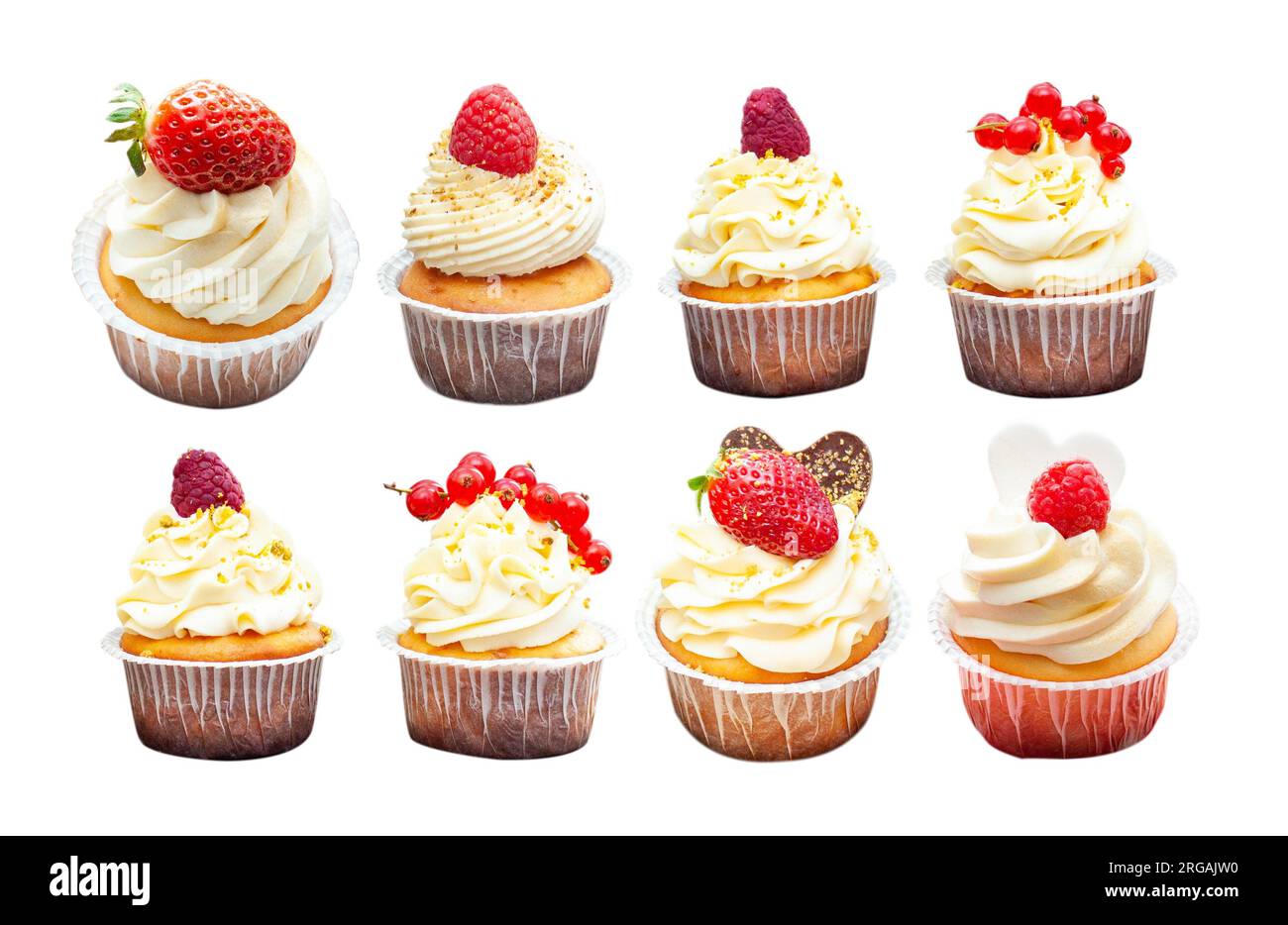 Isolated on white background set of strawberry cupcakes with vanilla cream cheese frosting and ...