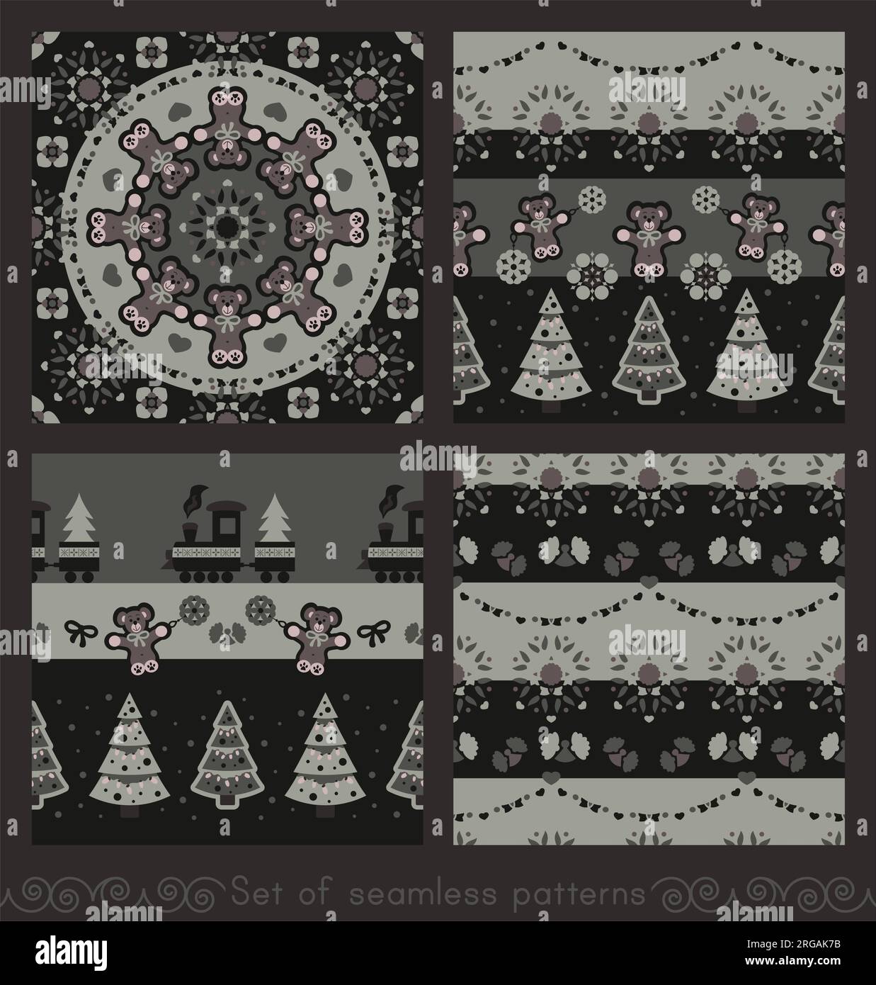 Set of Seamless Patterns. Little Christmas train carrying the Christmas ...
