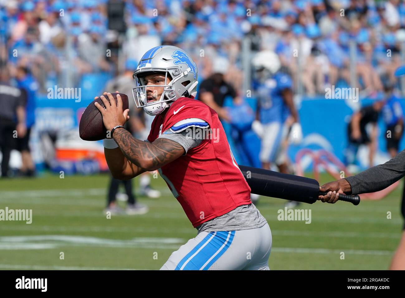 Detroit Lions quarterback Adrian Martinez looks to pass during an NFL ...