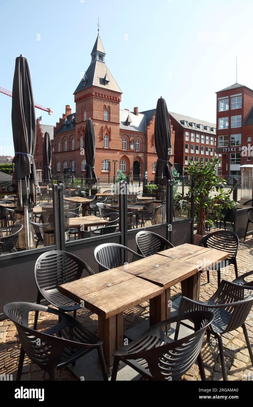 Pavement cafe in Torvet, Esbjerg, Denmark, with the Old Courthouse and ...