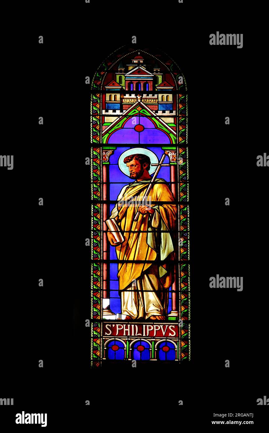 Stained glass window depicting the Apostle Philip in the Saint-Dame-du ...