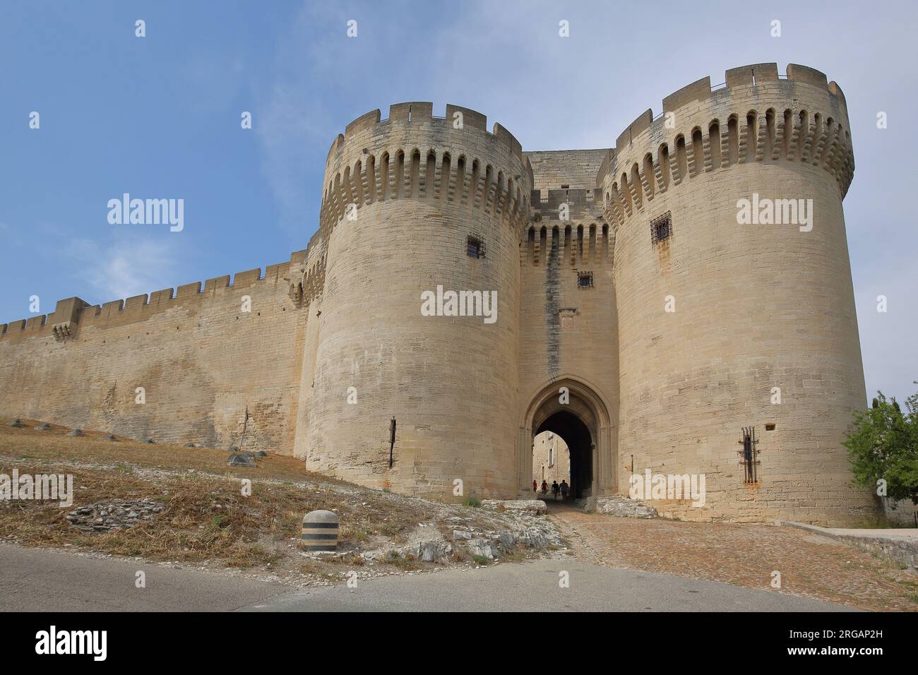 Entrance with two defense towers to historic Fort Saint-André, Villeneuve, Avignon, Vaucluse ...