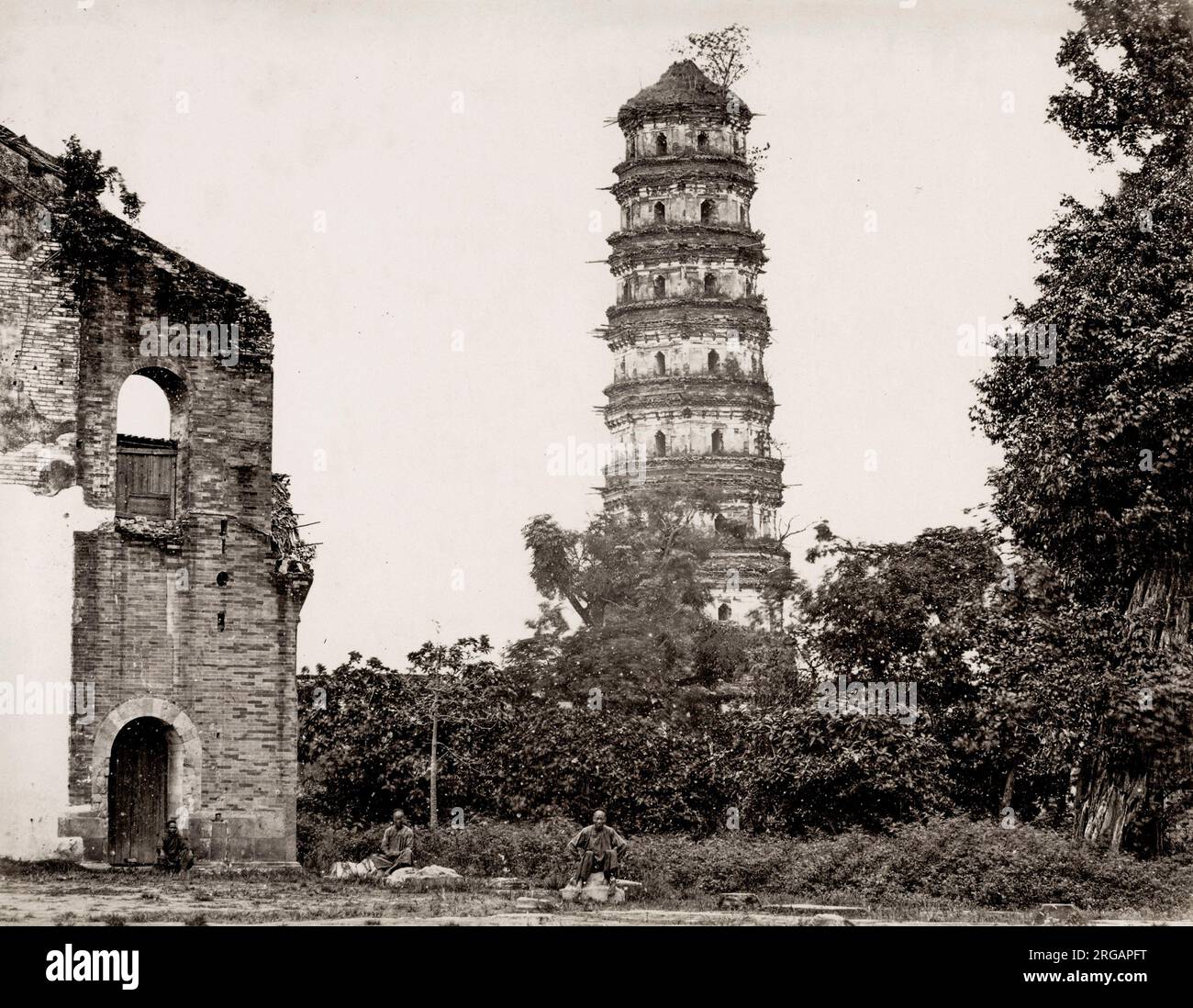 Vintage 19th century photograph: pagoda and ruins, Canton, Guangzhou ...