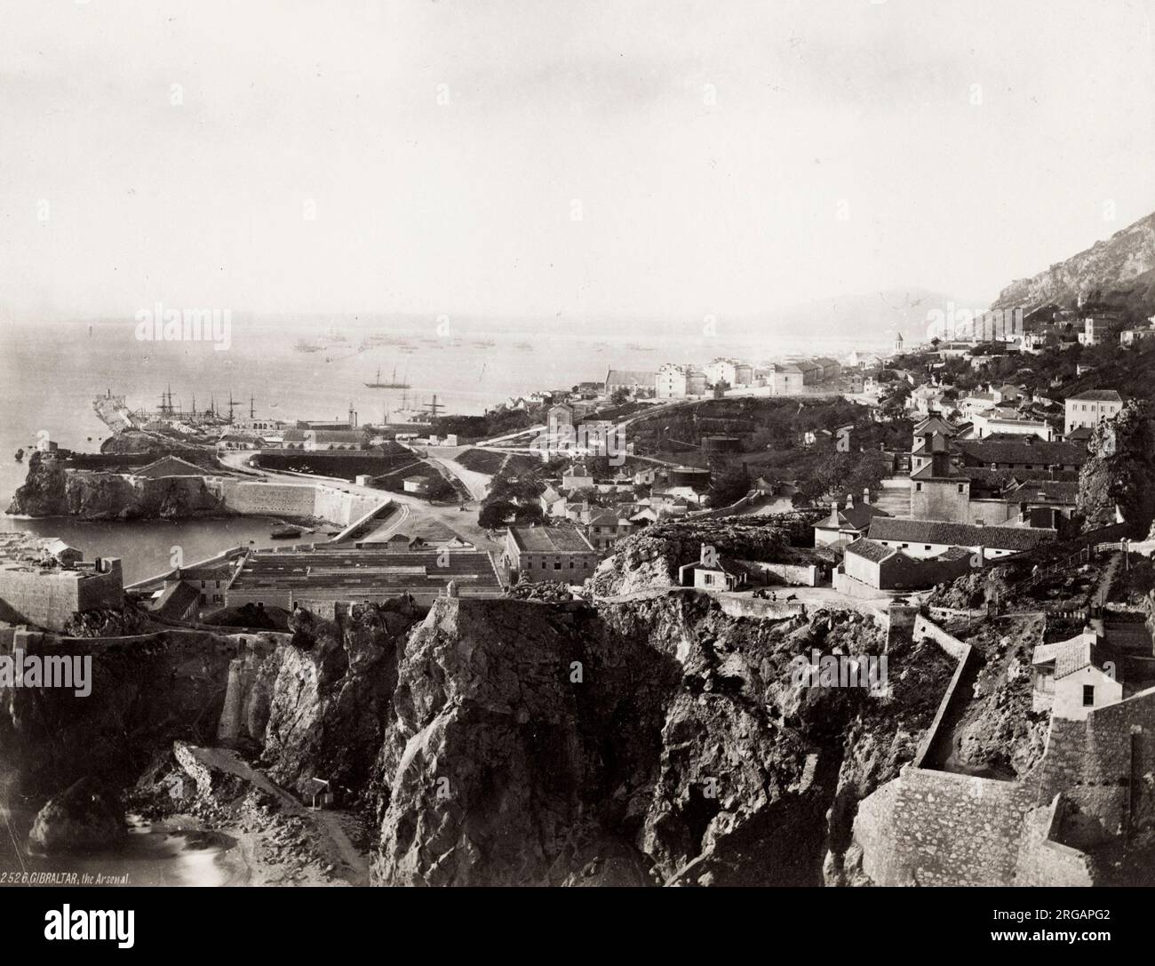 Vintage 19th century photograph: the Arsenal and harbour at Gibraltar ...