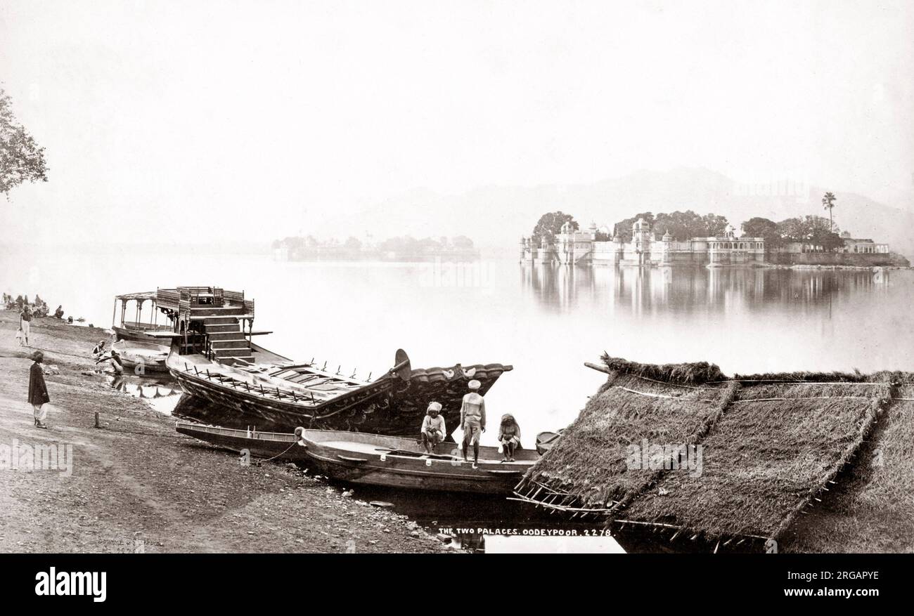 Lake Palace and boats, Udaipur, Rajasthan, India, 1870's Stock Photo ...