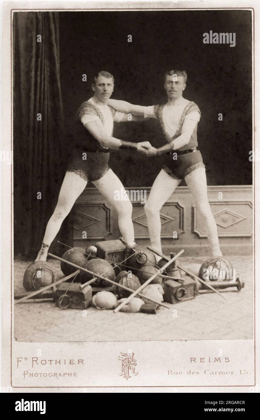 Vintage 19th century photograph: two wrestler, strong men with their ...