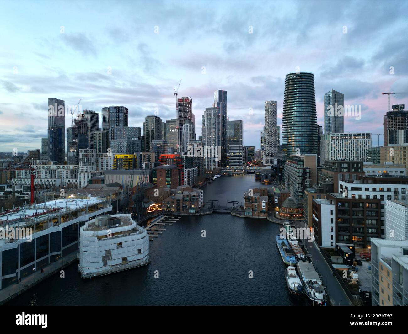 Millwall dock Evening view Canary Wharf financial district London UK ...