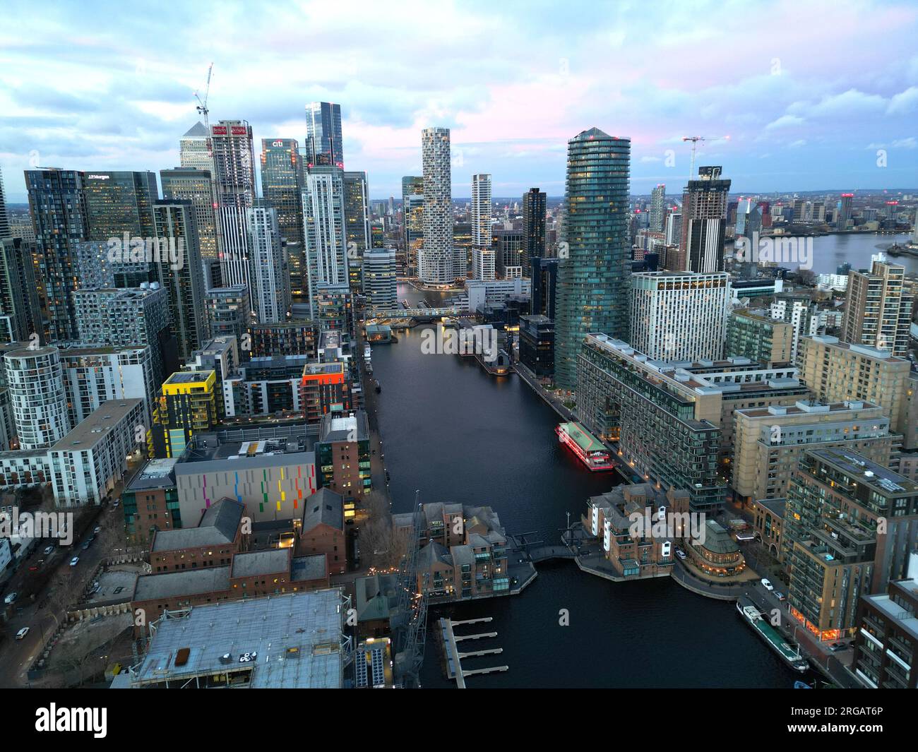 Evening view Canary Wharf financial district London UK aerial high ...