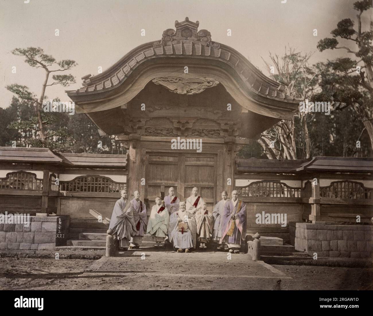 19th century vintage photograph - priests outside the Buddhist temple ...