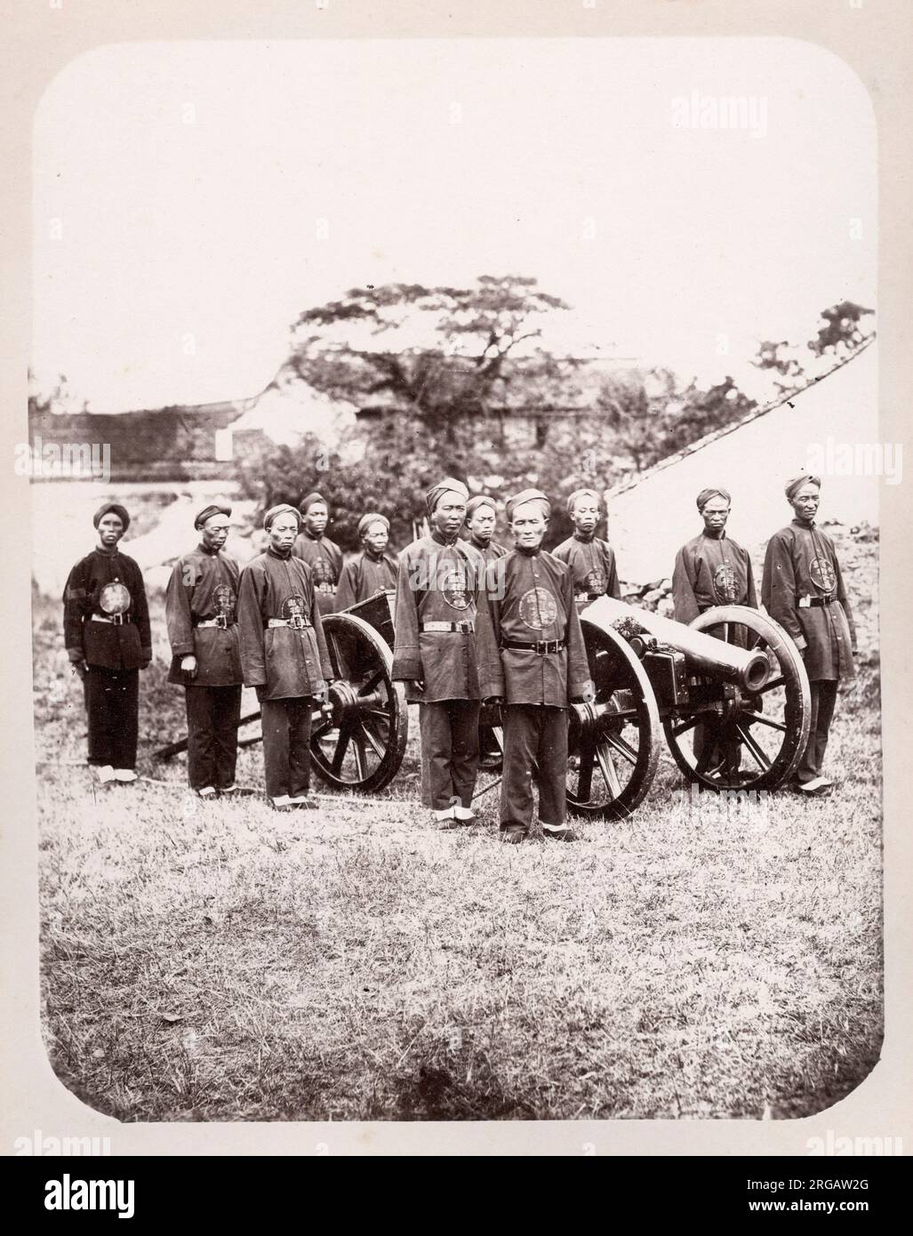 Vintage late 19th century photograph: Chinese artillery soldiers, with ...
