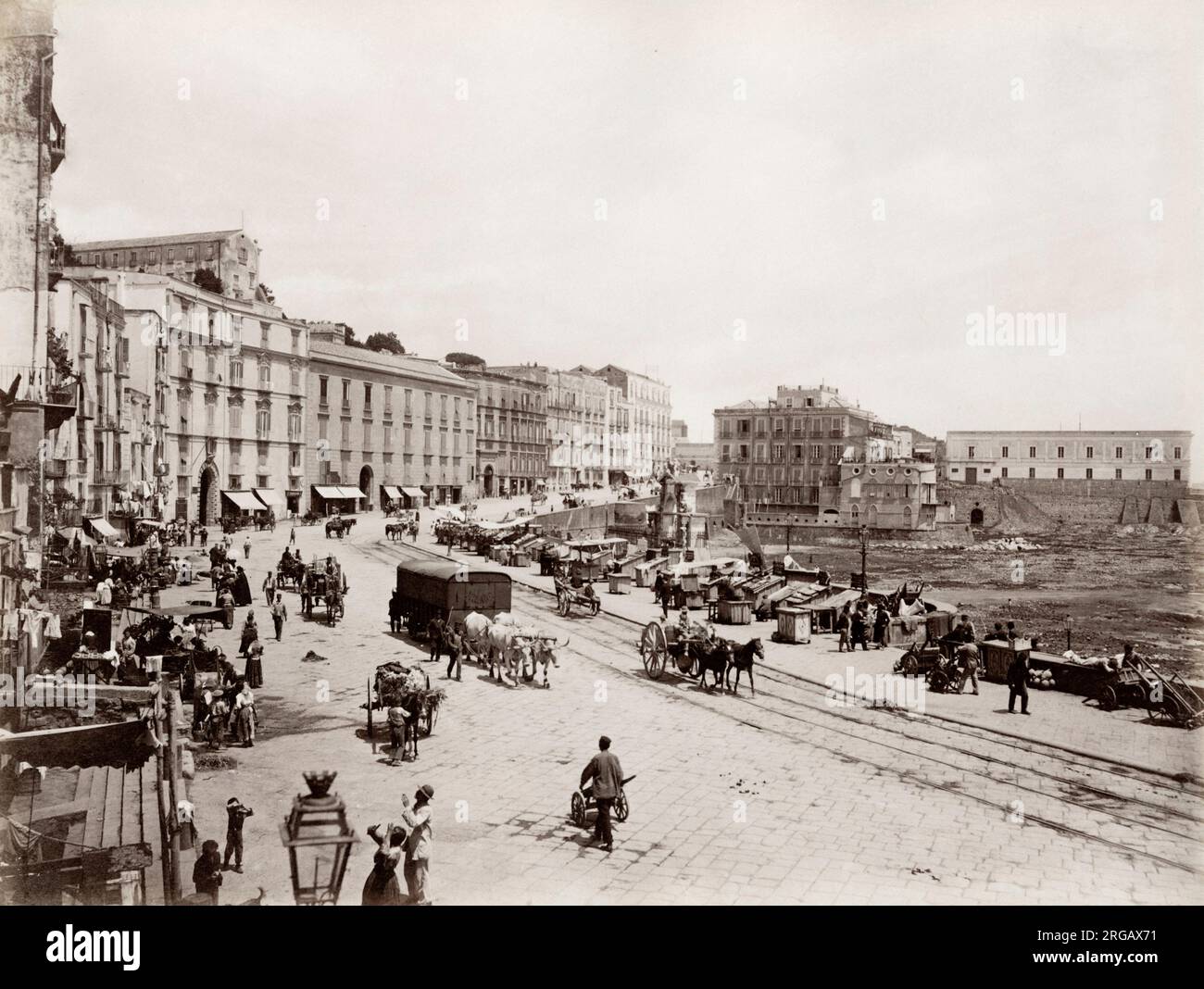 Vintage 19th century photograph: busy scene - pedestrians and horse ...