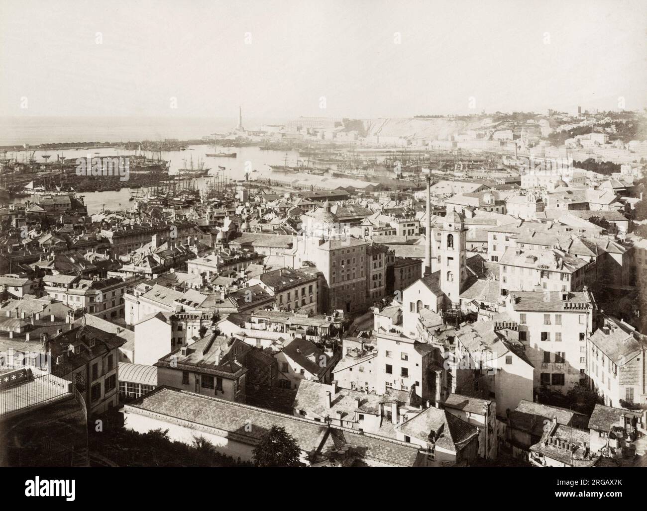 Vintage 19th century photograph: view of the port at Genoa, Genova ...