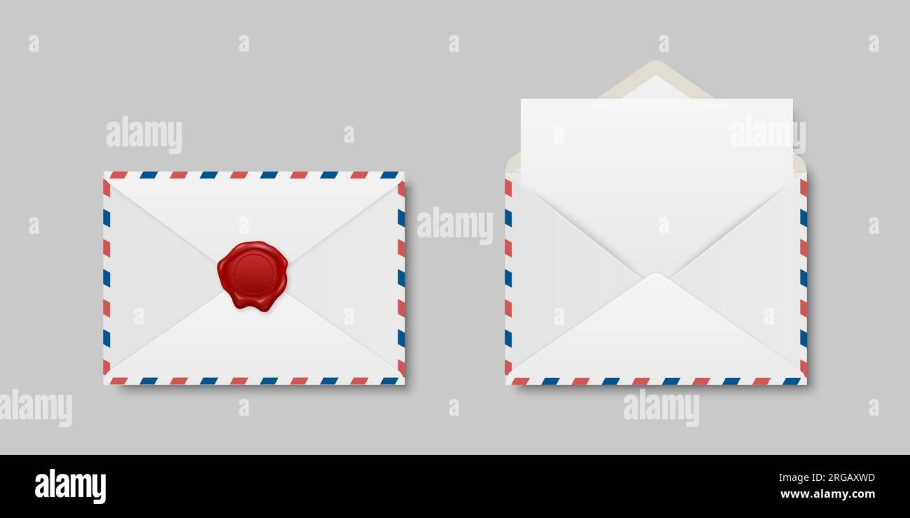 Vector Envelopes with Red Wax Seal and Blank Letter. Folded, Unfolded ...