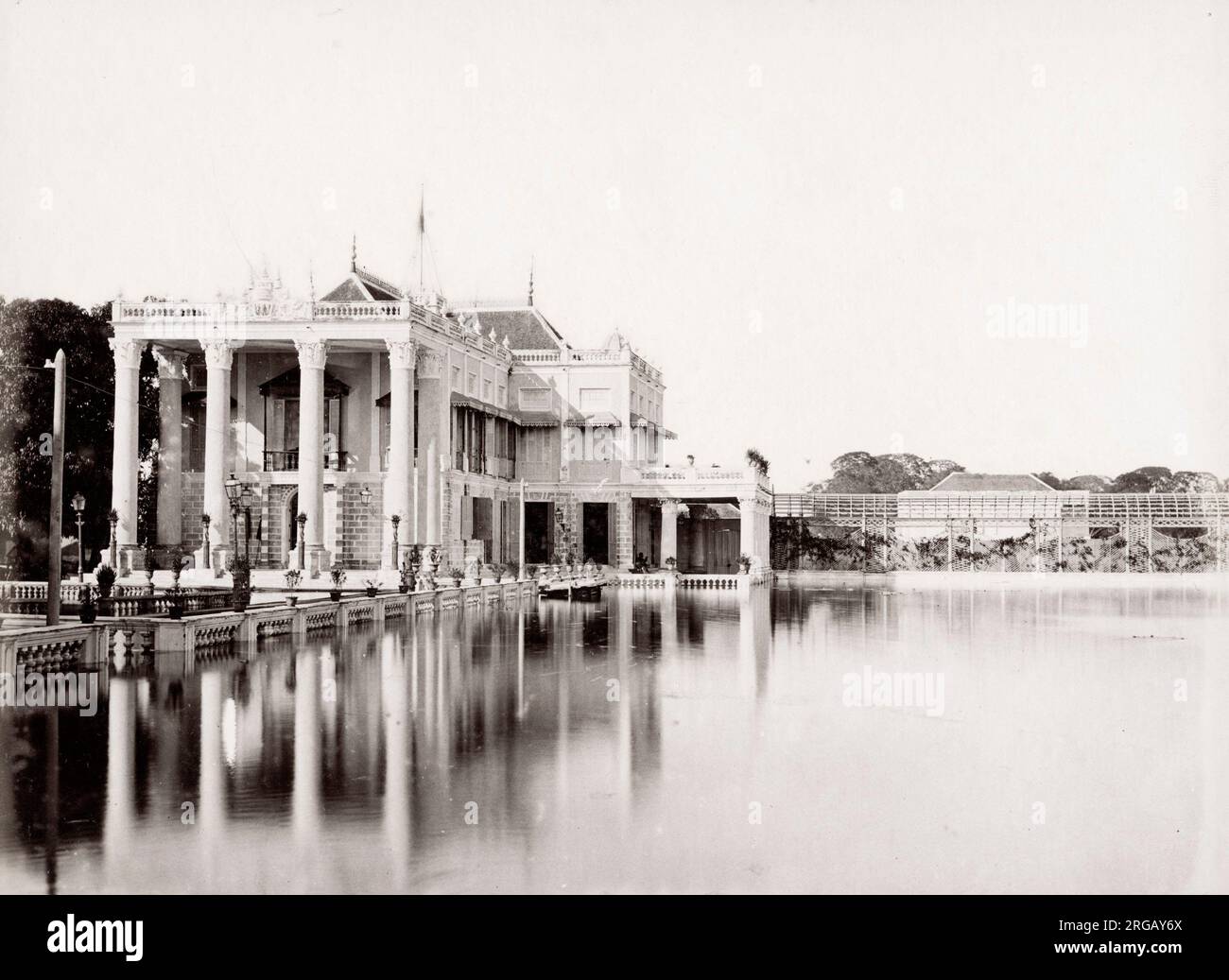 Vintage 19th century photograph: south east Asia, waterfront palace ...