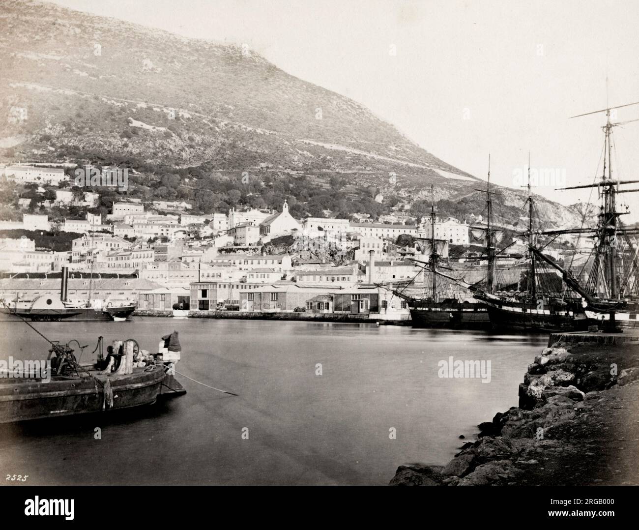 Vintage 19th century photograph - view of the harbour at Gibraltar ...